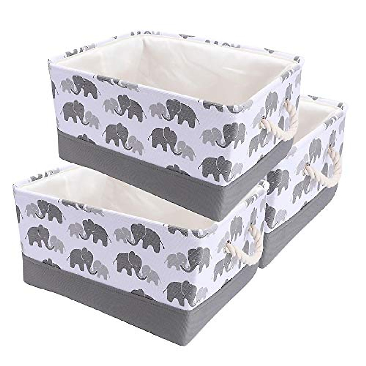 uxcell Storage Basket Bin Set 3 Pack, Fabric Storage Basket Foldable Bins with Elephant Pattern, Collapsible Organizer with Drawstring Cover for Home Bedroom Office Closet