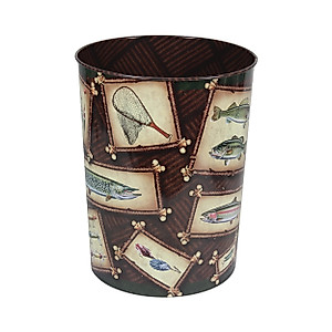 Rivers Edge Products Metal Waste Basket, 10.5-Inch Small Trash Can, Novelty Garbage Can for Office, Kitchen, Bathroom, or Bedroom, Outdoor and Coastal Home Decor, Fishing Theme
