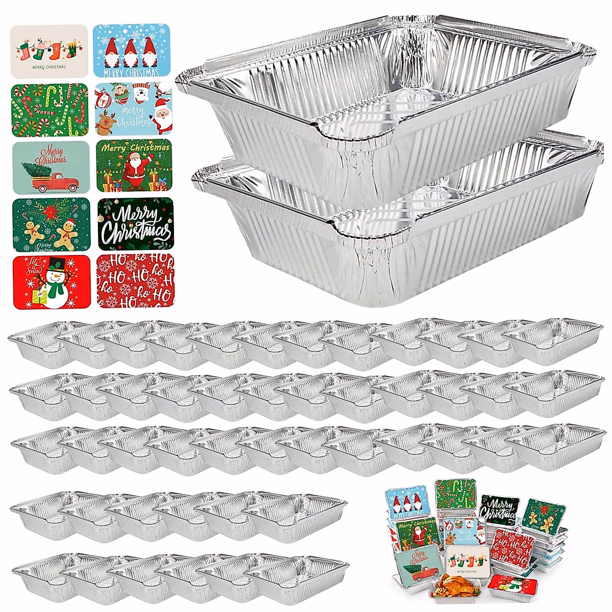 Christmas Decorations, Christmas Cookie Tins with Lids 50Pcs Tin Foil Containers 10 Styles Xmas-Themed Patterns Aluminum Food Containers Storage Pans for Treat, Party Leftovers