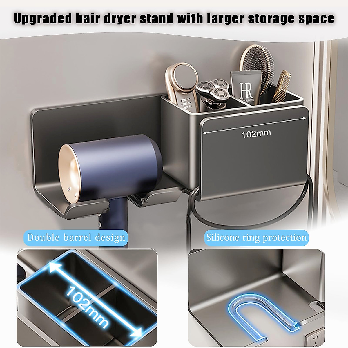 WISAZCDY Hair Dryer Holder Wall Mounted, Blow Dryer Holder for Bathroom, Double Storage Bucket Hollow Design, Ventilation & Dry, Salon, Bedroom Organizers & Storage Punch-Free Installation (Grey)