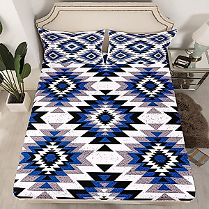 Kids Southwest Native American Design Fitted Sheet Queen Size Blue Grey Geometric Bed Sheet Set for Boys Girls Teens Bedroom Decor Tribal Bedding Set Set Women Men Bed Cover with 2 Pillow Case