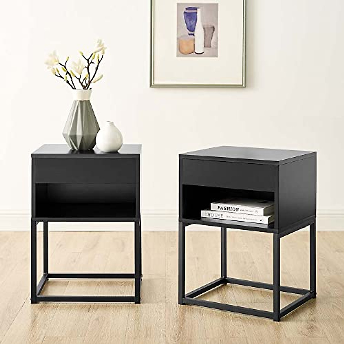 MUSEHOMEINC Simple End Table with Drawer and Shelf for Any Room,Nightstand,Metal Leg Design (Black)