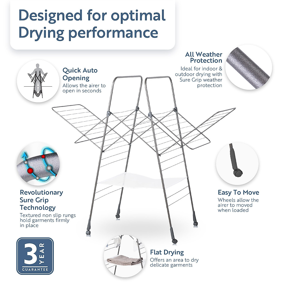 Minky Homecare Premium SureGrip Multidryer Indoor and Outdoor Clothes Drying Rack, Lightly Textured Non Slip Rungs, 82 Ft. of Drying Space, Gunmetal Gray