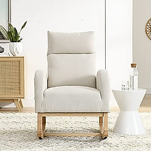Krinana Nursery Rocking Chair with Solid Wood Legs, Glider Chair for Nursery with Two Side Pockets, Rocker Armchair for Living Room Bedroom (Beige, Linen Fabric)