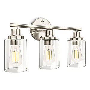 Apenath Vanity Wall Light Fixtures, Modern 3 Lights Wall Sconce with Clear Glass Shade, Brushed Nickel Farmhouse Wall Lamp for Bathroom Mirror Kitchen Porch Living Room Workshop (E26 Base)