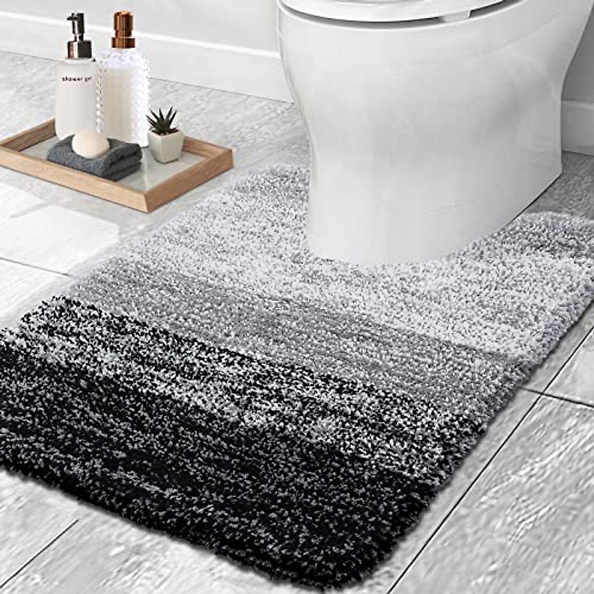 OLANLY Ombre Bath Rug and Toilet Rugs U-Shaped, Bath Rug Size 24x16 and Toilet Rugs Size 24x20 in Black, 2 Item Bundle