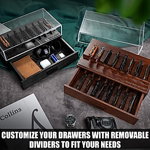 Pocket Knife Display Case for 16 Knives - Wooden Knife Collection Case Clear Cover - Two-Tier Knife Cases for Collections with a Removable Drawer Insert for Other EDC Items, EDC Case - Brown