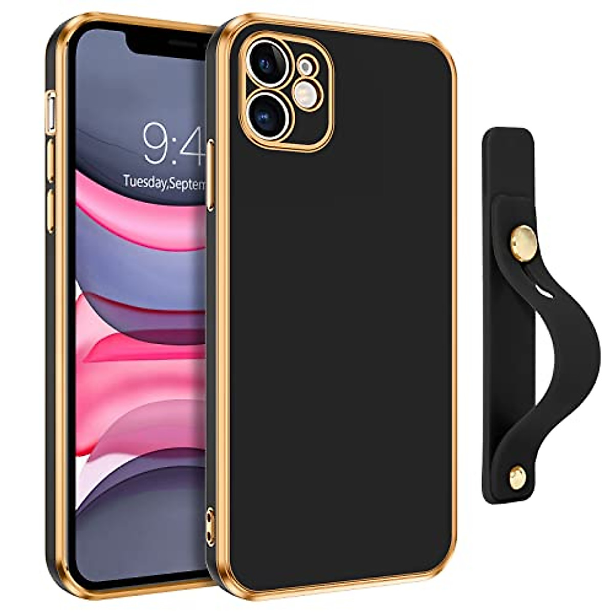 BENTOBEN Compatible with iPhone 11 Case, Slim Luxury Electroplated Bumper Women Men Girl Protective Soft Case Cover with Strap for iPhone 11 6.1 inch,Black/Gold