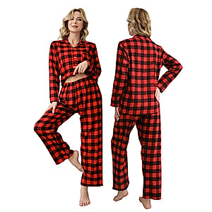 Family Plaid Pajamas Set, Baby Toddler Little Boy's Girl's 2-Piece Button Down Sleepwear Pjs, Black Red, 9-10 Years=Tag 150