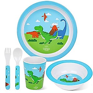 Lehoo Castle Kids Plates and Bowls Sets, 5 Piece Baby Feeding Set - Includes Plate, Bowl, Cup, Fork and Spoon Utensil Flatware, Kids Dinnerware Set for Kids, Toddlers (Dinosaur)