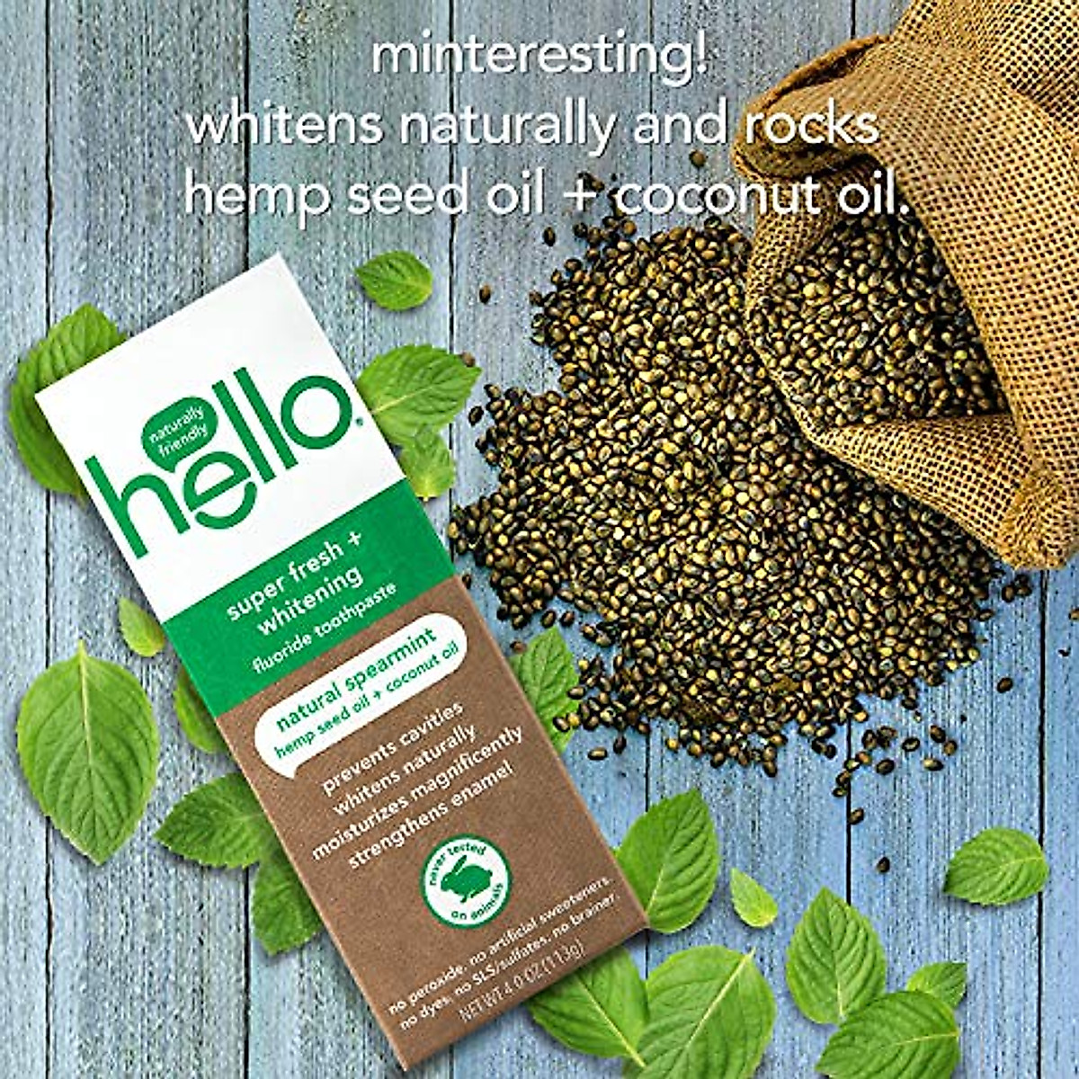 Hello Vegan Fluoride Toothpaste, Moisturizing Hemp Seed Oil + Coconut Oil, Super Fresh Family Farmed Spearmint, Naturally Whitening Toothpaste, Helps Remove Plaque, 4 Ounce