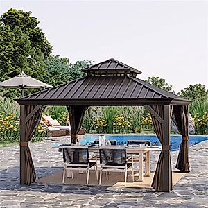 ZZBJ 12'x12' Metal Roof Gazebo Canopy with Curtains and Netting, Outdoor Hardtop Gazebo with Aluminum Frame for Backyards