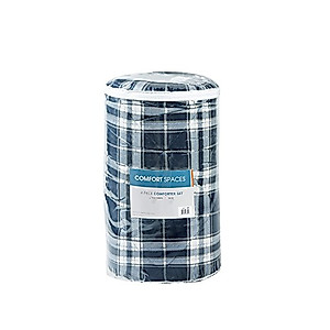 Comfort Spaces Aaron Sherpa Comforter and Throw Combo Set, Ultra Softy Fluffy Warm Checker Plaid Pattern Cold Weather Bedding, Full/Queen, Navy,CS10-0409