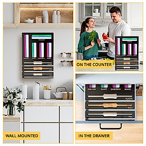 Chef's Haven 9 IN 1 Storage Bag Organizer, Foil and Plastic Wrap Organizer with Cutters, Bamboo Kitchen Baggie Organizer for Drawer, Pantry & Countertop, Storage for Gallon, Quart, Sandwich, Snack Bag