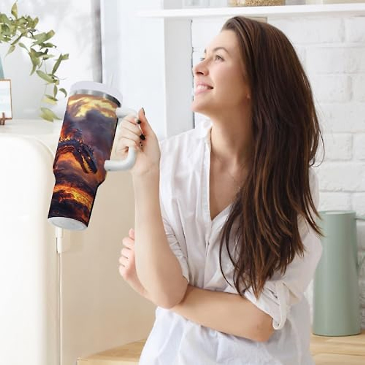 Slewiaeky Tumbler with Handle 40 oz Forest Dinosaur Cartoon T Rex Travel Mug with Lid and Straw Stainless Steel Vacuum Insulated Water Bottle Cup for Iced Tea Coffee Cold Beverages Cup Holder Friendl