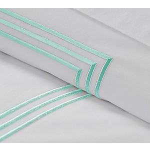 The Tangerine Store 3-Piece Lines Pure Linen Duvet Cover Set (102x90 inches) - King Size, White with Turquoise Blue Embroidered Edge - Zip Closure, 4 Corner Ties, Pre-Washed Fabric
