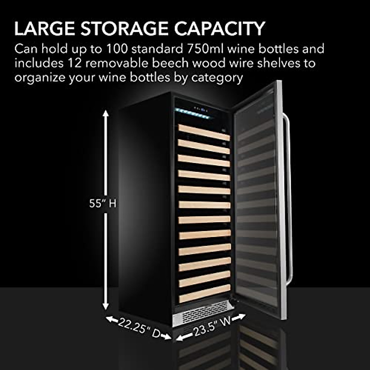 Whynter BWR-1002SD 100 Built-in or Freestanding Stainless Steel Compressor Large Capacity Wine Refrigerator Rack for Open Bottles and LED Display, Black-100, Black