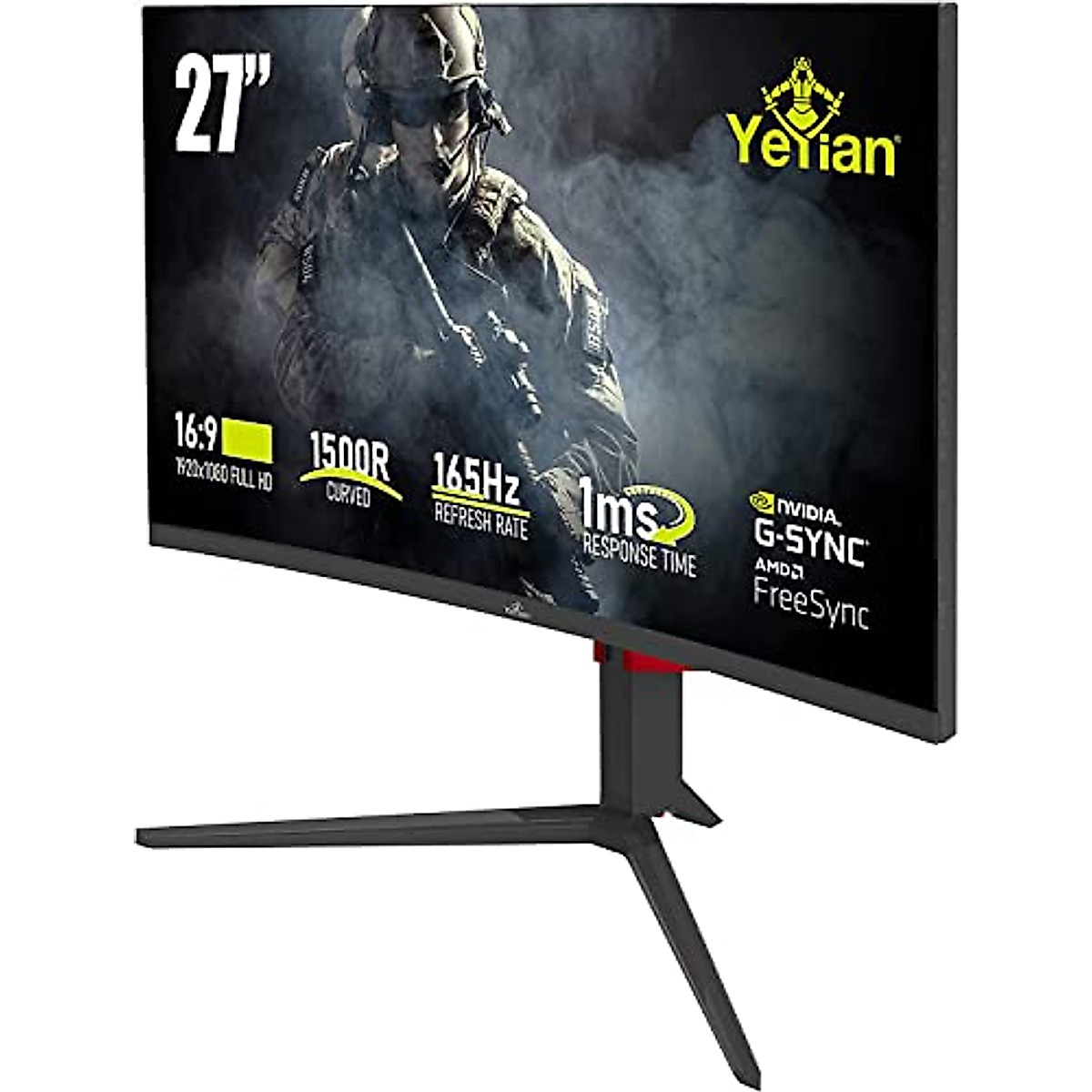 YEYIAN Sigurd 3001 27” Curved PC Gaming Frameless LED Multistand Monitor, 1080P HD, 165Hz, 1ms, 3000:1, 16:9, 178°, 16.7M Colors, G-Sync, FreeSync, DP/DVI/HDMI, Speaker, Tilt/Height/Pivot Adjustable