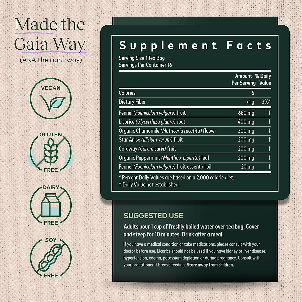 Gaia Herbs Gas & Bloating Herbal Tea - Supports Relief for Digestive Discomfort, Gas & Bloating - With Fennel, Licorice Root, Chamomile & More - 16 Caffeine-Free Herbal Tea Bags (1 Box of 16 Bags)