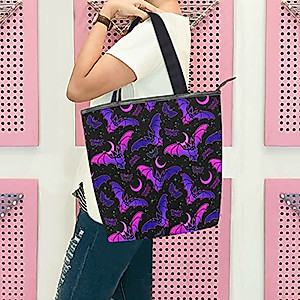 MNSRUU Canvas Tote Bag Aesthetic Purple Bat Gothic Shoulder Bag for Women Work Tote Handbag Shopping Purses and Handbags
