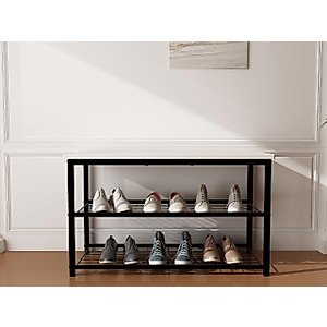 Rooflare Shoe Bench, 3 Tiers Shoe Rack for Entryway, Storage Organizer with Two Iron Shelf and top for Board, Shoe Shelf, Metal Steel Frame, Black, Durable
