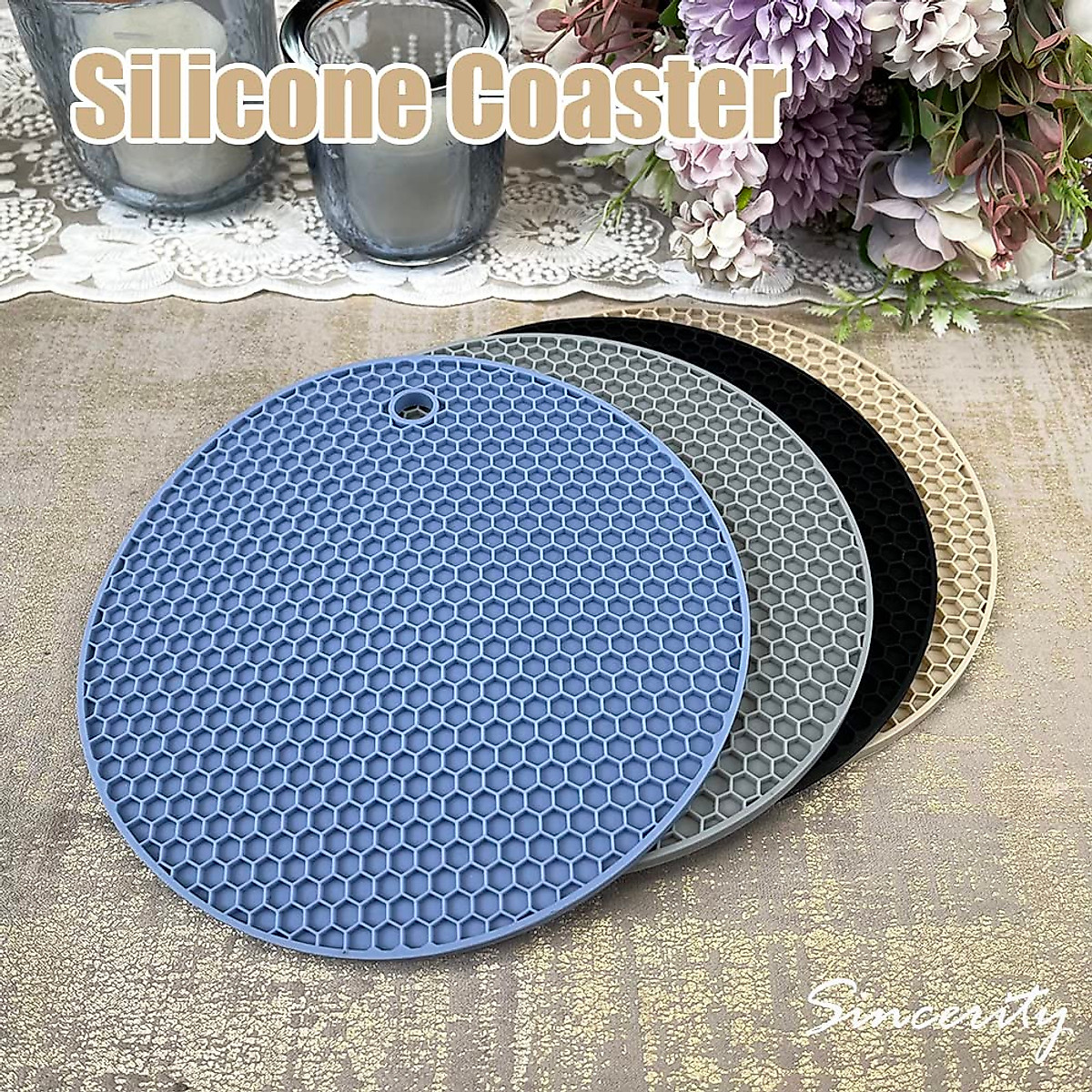 4 Pieces Silicone Trivet Mats, Hot Pot Holders, Kitchen Tools, Heat Resistant Non Slip Durable Pads for Hot Dishes Bowls, Jar Opener, Easy to Wash and Dry Hot Pan Cushions (Beige)