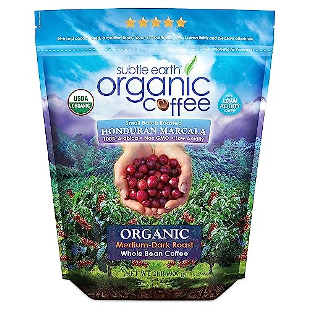 2LB Subtle Earth Organic Coffee - Medium-Dark Roast - Whole Bean Coffee - 100% Arabica Beans - Low Acidity and Non-GMO - 2lb bag