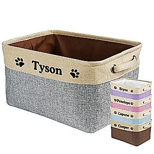 MALIHONG Custom Dog Basket for Toys Collapsible Storage Bin Grey Brow Pink Purple Blue Rectangular Pet Storage Organizer Box with Handles Medium Customized Name