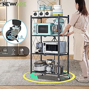 NEWWARE Storage Shelves 4-Tier Foldable, Metal Organizer and Storage Rack for Bathroom Kitchen, Display Storage Shelf with Wheels, No Assembly Shelving Unit for Pantry and Garage 4 Hooks, Black