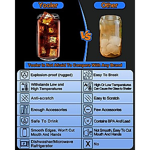 Yooler Glass Cups with Lids and Straws - 16oz Can Shaped Drinking Beer Glasses, Iced Coffee Cups, Cute Glass Tumbler with Straw and Bamboo Lid, Ideal for Cocktail, Whiskey, Gift (Set of 4)