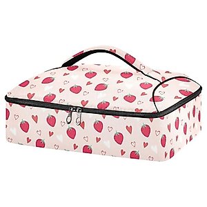 Kcldeci Insulated Thermal Food Carrier Insulated Casserole Carrier for Hot or Cold Food,Red Strawberry and Heart Insulated Tote Bag for Potluck Cookouts Parties Picnic,Lasagna Lugger