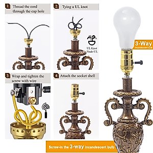 DiCUNO UL Listed 3-Way Lamp Socket Replacement, E26 Standard Threaded Base Light Socket, Turn Switch Knob for Low-Medium-High Light Settings, DIY Project, Table, Floor Lamp Repair Kit, 1-Pack, (Gold)