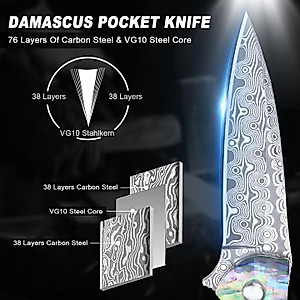 Zingbee Damascus Pocket Knife for Women, 2.87" Damascus Steel Blade EDC Knives for Men, Abalone Shells Handle, Pocket Knives & Folding Knives for Indoor Outdoor Camping Hiking