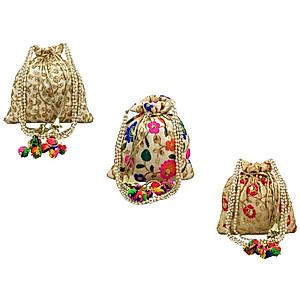GoldGiftIdeas Ethnic Kuchhi Flower Embellished Potli Bags with Pearl Handle, Potli Bags for Return Gift, Bridal Potli Bags for Wedding,Shagun Potlies, Traditional Party Favor Bags (Set of 3)