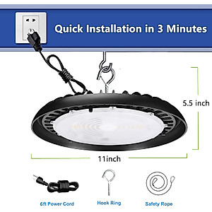 2 Pack LED High Bay Light with US Plug 6FT Cable, 120V 150W 19500LM 5000K Daylight, 600W-800W HID/HPS Equivalent, UL IP65 Commercial Warehouse Lighting for Workshop,Garage, Gym,Factory, Non-Dim
