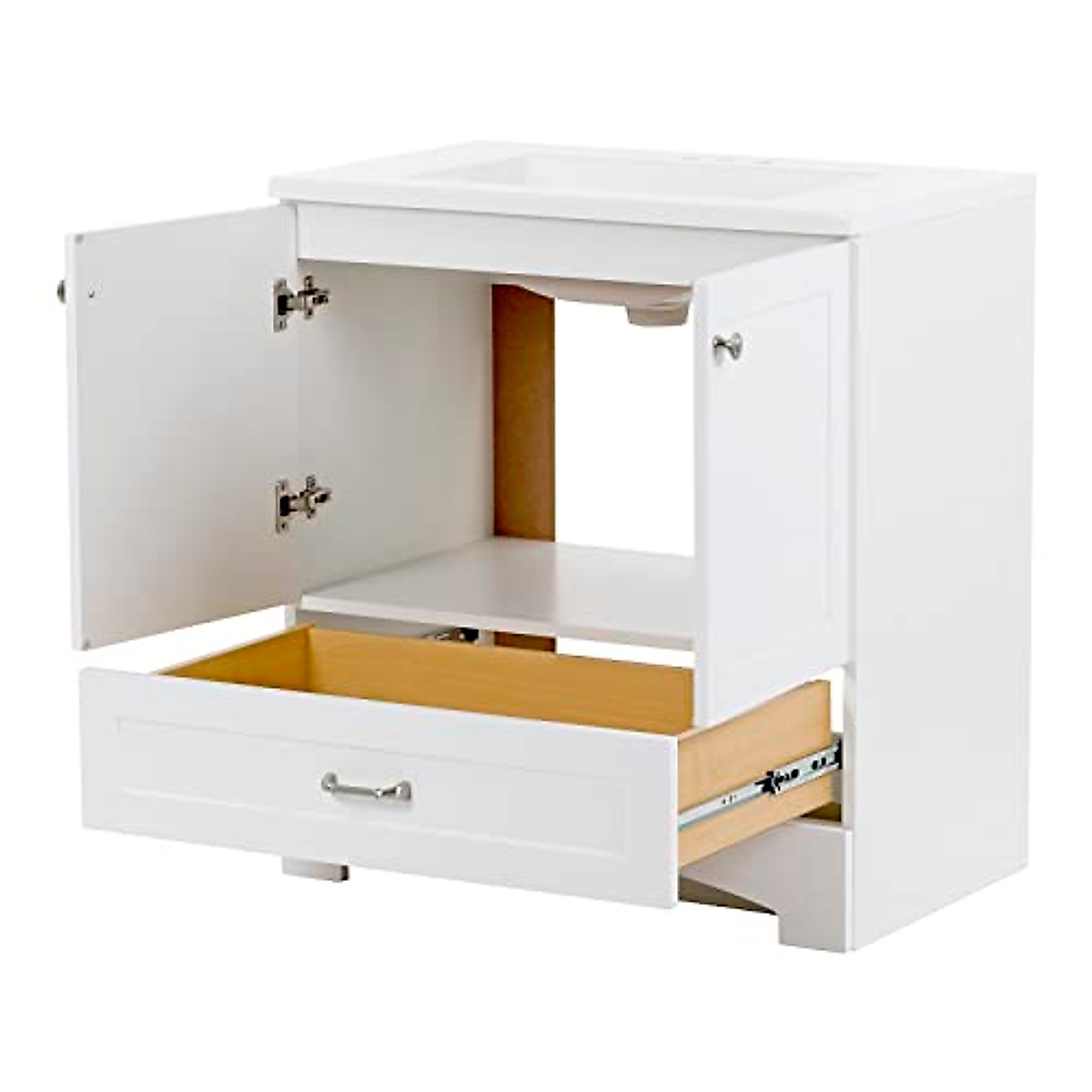 Spring Mill Cabinets Emlyn 30 Inch Bathroom Vanity with White Single Sink Top, 2-Door Cabinet, 1 Drawer, 30.5" W x 18.75" D x 32.89" H, White