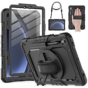 HXCASEAC Case for Galaxy Tab S9 / S9 FE 5G Case, Protective with Screen Protector/Hand Strap/S Pen Holder, Heavy Duty Shockproof for Samsung Galaxy S9 FE Tablet Case 10.9 inch / 11 inch - Black