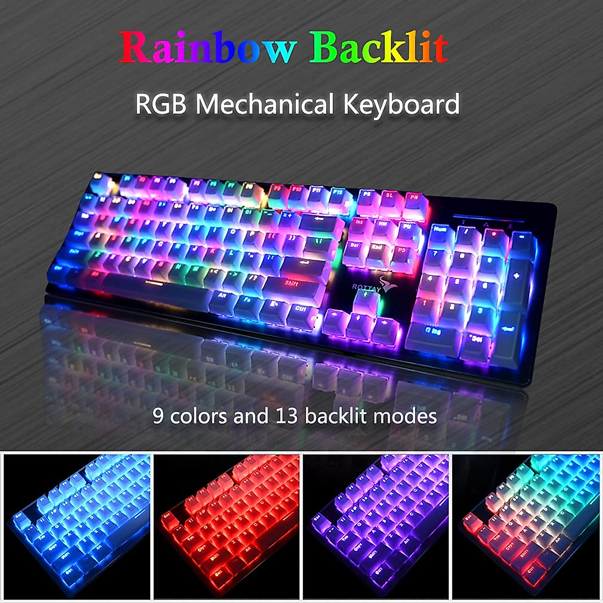 Rottay Rainbow Backlit Mechanical Keyboard, White Gaming Keyboard, Wired Computer Keyboard with Brown Switch and Aluminum Panel