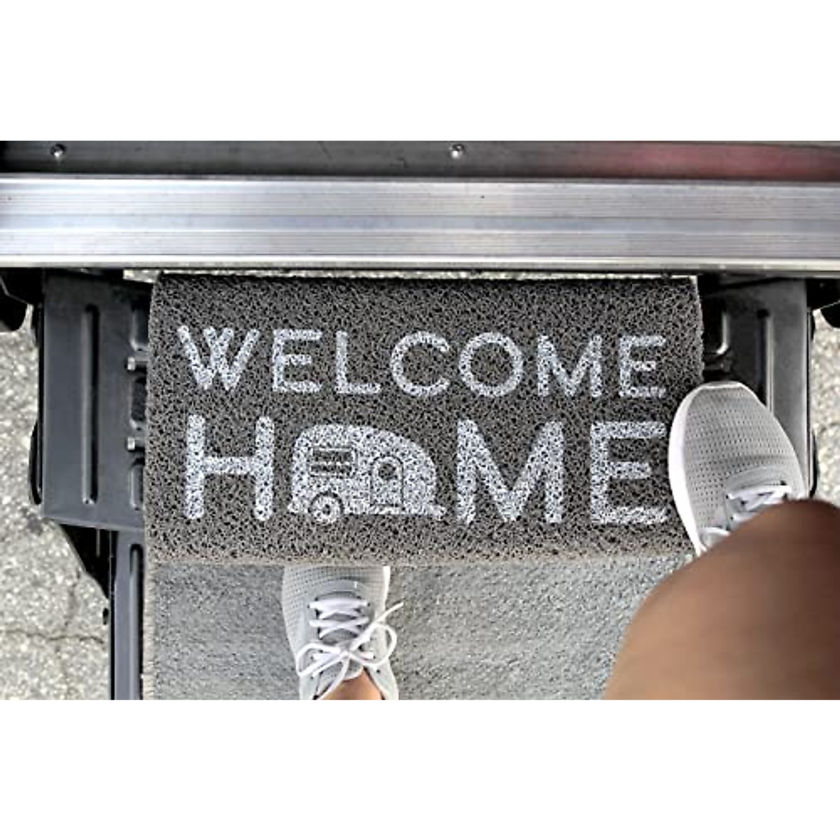 Camco 53196 Life is Better at The Campsite RV Wrap Around Step Rug, Fits 18-inch Wide Steps - for Manual and Electric RV Steps - Features a Gray Mat with a White Welcome Home Retro RV Print