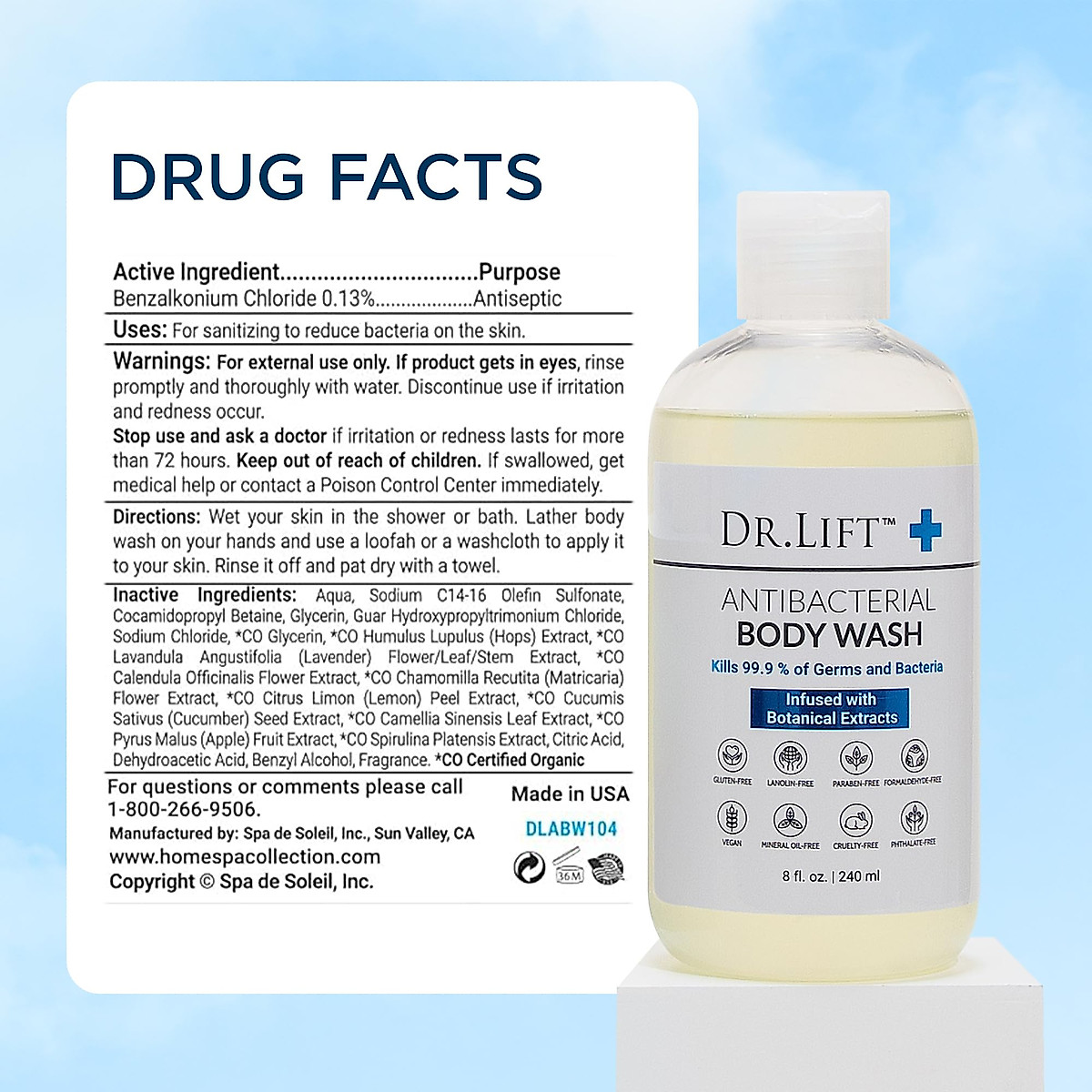 DR. LIFT Antibacterial Body Wash | Kills 99.9% of Germs | Made in America | Antibacterial Soap - Infused with Botanical Extracts | Shower Gel Body Wash for Women & Men | Liquid Bath Soap - 8 Oz
