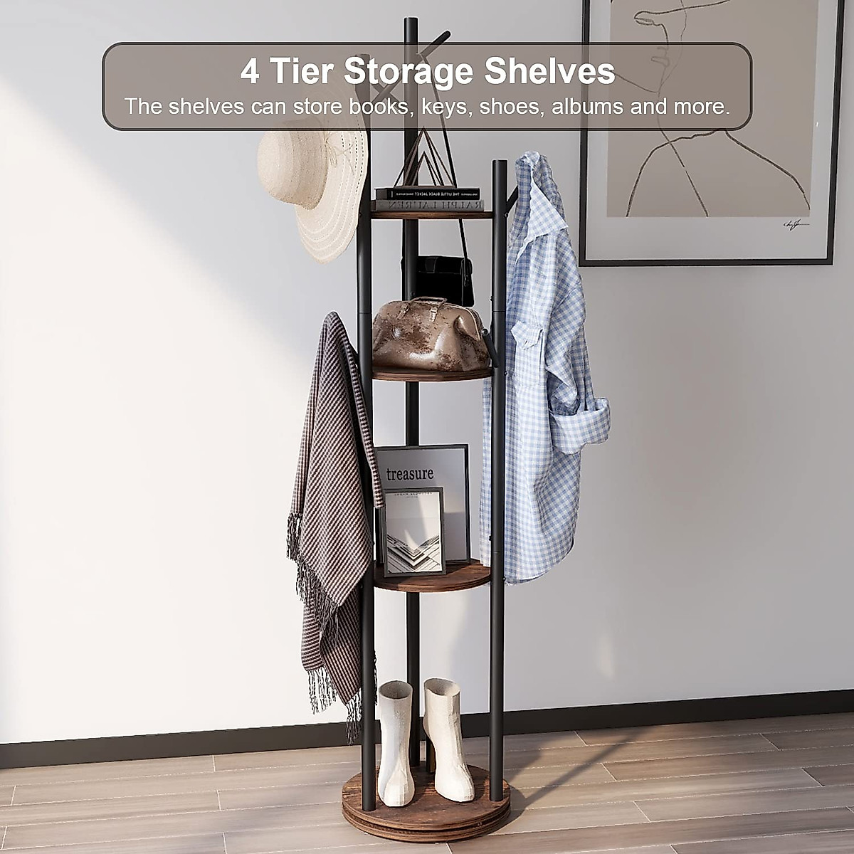 Espelism Rotary Coat Rack Freestanding Metal Coat Hall Tree Stand with 4 Tiers Storage Display Shelf and 9 Hooks for Entryway Bedroom Corner Office Garment Clothes Holder (Brown)