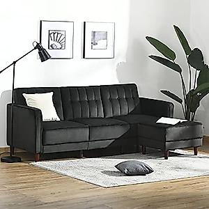 HOMCOM Upholstered L-Shaped Sofa Bed, Reversible Sectional Recliner Sofa Set, Velvet-Touch Sleeper Futon with Footstool, Black