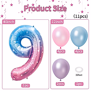 40 Inch Gradient Blue Pink Number 9 Balloon, 9th Birthday Balloons, 11Pcs Pearl Light Purple Pink Blue Latex Balloons 9 Foil Balloon for Kids Girl 9th Birthday Mermaid Party Decorations Anniversary