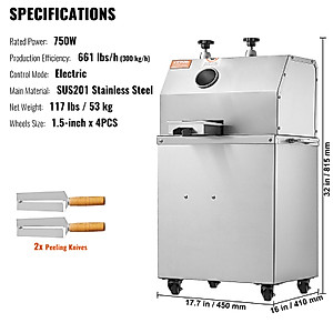VEVOR Electric Sugar Cane Juicer, 750W Sugarcane Juicer Machine with 661LBS/H High Output, 3 Stainless Steel Rollers, 2.4" Large Inlet, Sugarcane Juice Extractor Squeezer on Wheels for Home/Commercial