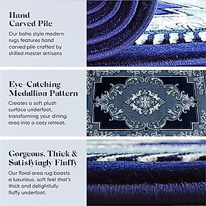 2x4 Small Rug Boho Glamour Thick Plush Oriental Area Rug Traditional Carpet Floral Medallion Rugs for Living Room and Bedroom Floor Navy Blue