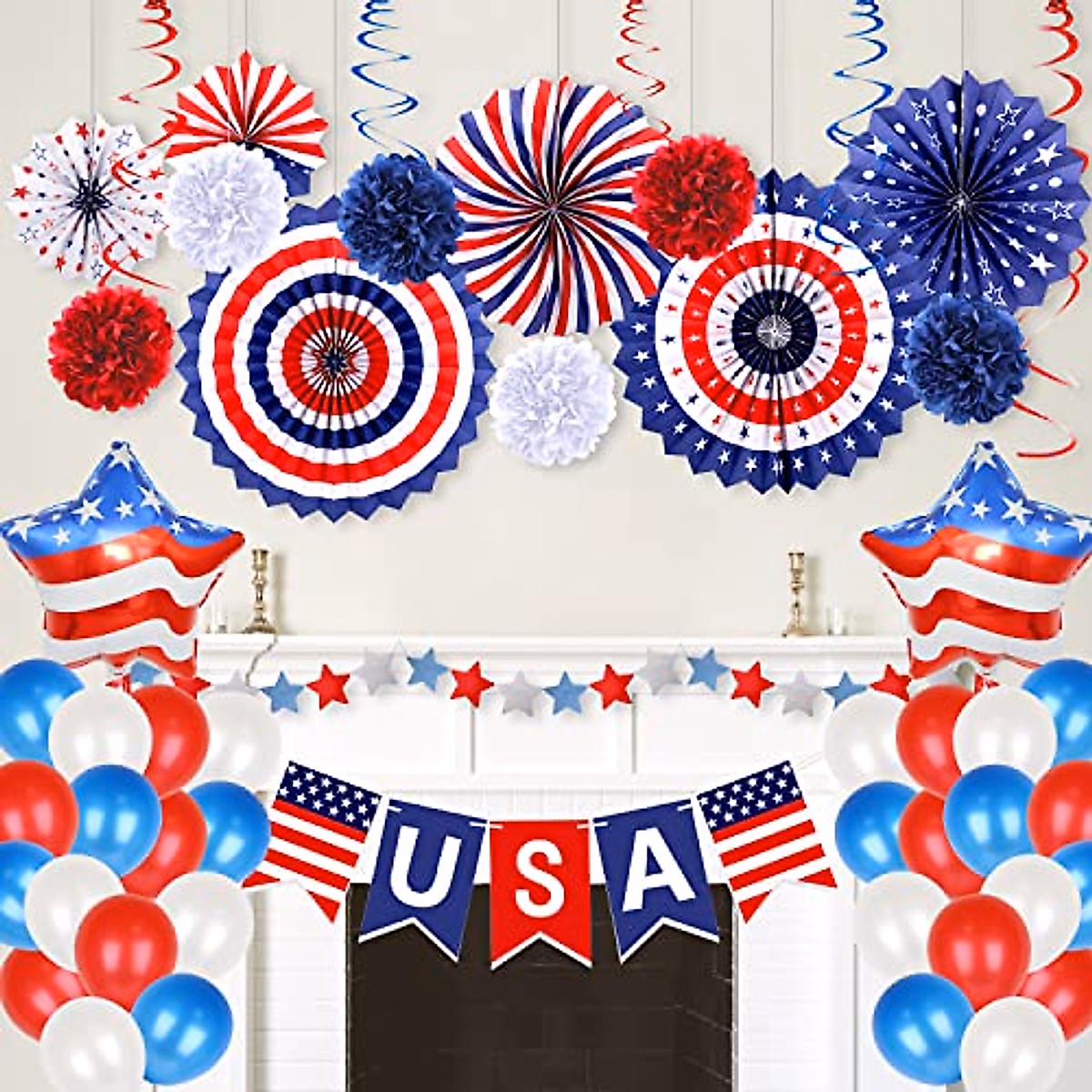 59pcs 4th of July Patriotic Decorations - Fourth of July Decor American Flag Party Supplies, USA Flag Pennant, Red White Blue Paper Fans, Latex balloons, Star Streamer, Hanging Swirls for Memorial Day