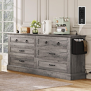 YITAHOME Farmhouse 6 Drawers Dresser for Bedroom, 59" Wide Wood Rustic Chest of Drawers with Nice Texture, Vintage Design, Storage Dressers Organizer for Bedroom, Living Room, Hallway, Grey
