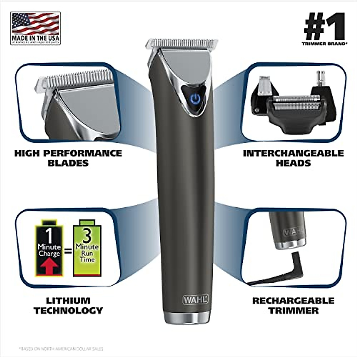 WAHL Stainless Steel Lithium Ion 2.0+ Slate Beard Trimmer for Men - Electric Shaver, Nose Ear Trimmer, Rechargeable All in One Men's Grooming Kit - Model 9864