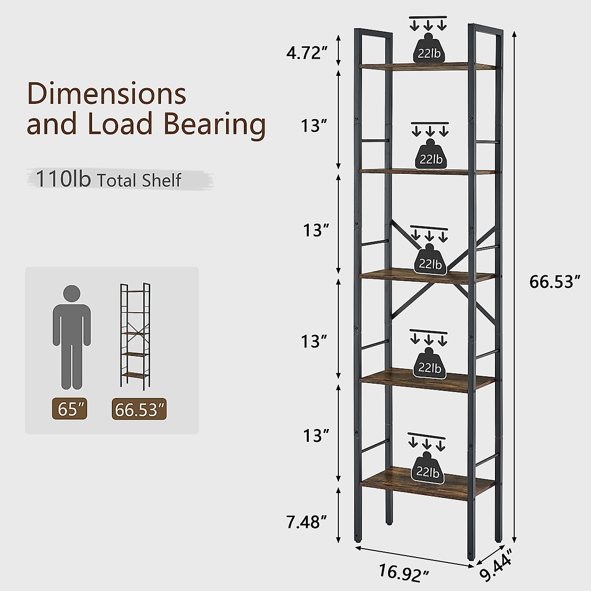Tajsoon 5 Tier Ladder Bookshelf Industrial Ladder Shelf, Narrow Tall Skinny Bookshelf with Metal Frame, Multipurpose Standing Book Shelf for Bedroom, Living Room, Kitchen, Home Office, Rustic Brown