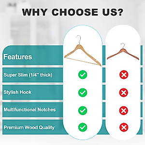 Quality Hangers 16.5" Wooden Hangers Multi Pack, Ultra Thin Space Saving Natural, 360 Degree Swivel Hook, Best for Shirts, Blouses, Pant, Suit, Coat, Dress Hangers Natural (20, Natural, With Pant Bar)